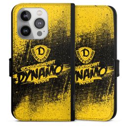 DeinDesign iPhone 14 Pro Handy Klapph&uuml;lle Handyh&uuml;lle aus Kunst Leder schwarz Flip Case Logo Official Licensed Product Sg Dynamo Dresden Sideflip mit langer 