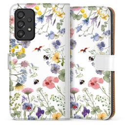 DeinDesign Galaxy A33 5G Handy Klapph&uuml;lle Handyh&uuml;lle aus Kunst Leder wei&szlig; Flip Case Muster Flowers Bee Sideflip mit Lasche