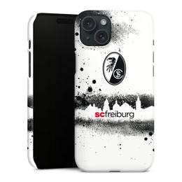 DeinDesign iPhone 15 Plus Handy Premium Case Smartphone Handyh&uuml;lle Schutzh&uuml;lle gl&auml;nzend Skyline Sc Freiburg Logo Premium Case