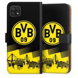 DeinDesign Galaxy A22 5G Handy Klapph&uuml;lle Handyh&uuml;lle aus Kunst Leder schwarz Flip Case Bvb Stadium Borussia Dortmund Sideflip mit langer Lasche