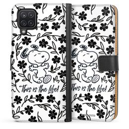 DeinDesign Galaxy A12 Handy Klapph&uuml;lle Handyh&uuml;lle aus Kunst Leder schwarz Flip Case Peanuts Flowers Snoopy Sideflip mit langer Lasche