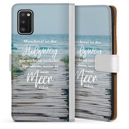 DeinDesign Galaxy A41 Handy Klapph&uuml;lle Handyh&uuml;lle aus Kunst Leder wei&szlig; Flip Case Spruch Beach Statement Sideflip mit Lasche