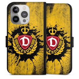 DeinDesign iPhone 14 Pro Handy Klapph&uuml;lle Handyh&uuml;lle aus Kunst Leder schwarz Flip Case Official Licensed Product Soccer Sg Dynamo Dresden Sideflip mit langer 