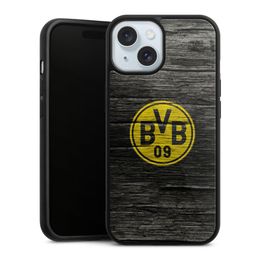 DeinDesign iPhone 15 Handy Gallery Case Handyh&uuml;lle 9H Geh&auml;rtetes Glas R&uuml;ckseite H&uuml;lle Wooden Look Bvb Borussia Dortmund Gallery Case