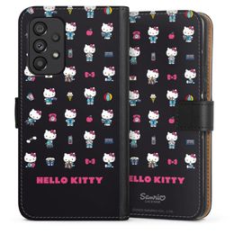 DeinDesign Galaxy A53 5G Handy Klapph&uuml;lle Handyh&uuml;lle aus Kunst Leder schwarz Flip Case Kindheit Merchandise Hello Kitty Sideflip mit langer Lasche