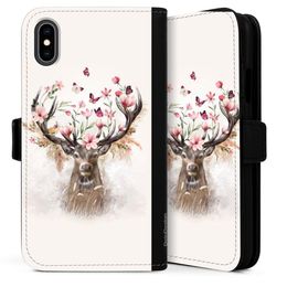 DeinDesign iPhone X Handy Klapph&uuml;lle Handyh&uuml;lle aus Kunst Leder schwarz Flip Case Deer Flowers Animals Sideflip mit langer Lasche