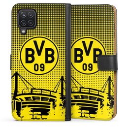 DeinDesign Galaxy A12 Handy Klapph&uuml;lle Handyh&uuml;lle aus Kunst Leder schwarz Flip Case Bvb Stadium Borussia Dortmund Sideflip mit langer Lasche