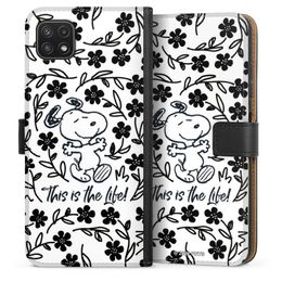 DeinDesign Galaxy A22 5G Handy Klapph&uuml;lle Handyh&uuml;lle aus Kunst Leder schwarz Flip Case Flowers Peanuts Snoopy Sideflip mit langer Lasche