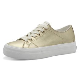 Plateausneaker Tamaris, Damen, Gr. 40, gold (goldfarben), Textil, beschichtet, glänzend, unifarben, sportlich, Schuhe, Freizeitschuh, Halbschuh, Schnürschuh mit Logo an der Ferse