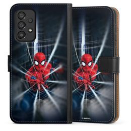 DeinDesign Galaxy A33 5G Handy Klapph&uuml;lle Handyh&uuml;lle aus Kunst Leder schwarz Flip Case Spiderman Marvel Kinofilm Sideflip mit langer Lasche