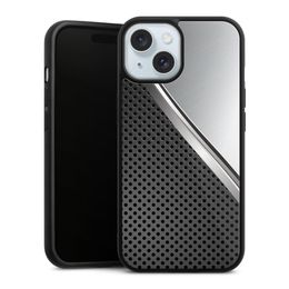 DeinDesign iPhone 15 Handy Gallery Case Handyh&uuml;lle 9H Geh&auml;rtetes Glas R&uuml;ckseite H&uuml;lle Steel Metall Carbon Gallery Case