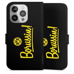 DeinDesign iPhone 14 Pro Handy Klapph&uuml;lle Handyh&uuml;lle aus Kunst Leder schwarz Flip Case Borussia Dortmund Bvb Soccer Sideflip mit langer Lasche