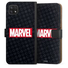 DeinDesign Galaxy A22 5G Handy Klapph&uuml;lle Handyh&uuml;lle aus Kunst Leder schwarz Flip Case Logo Comic Marvel Sideflip mit langer Lasche