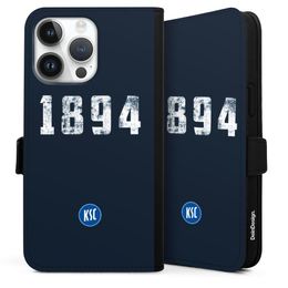 DeinDesign iPhone 14 Pro Max Handy Klapph&uuml;lle Handyh&uuml;lle aus Kunst Leder schwarz Flip Case Karlsruher Sc Ksc Bundesliga Sideflip mit Lasche