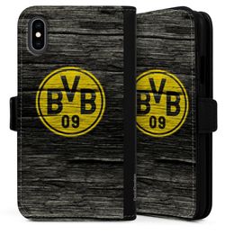 DeinDesign iPhone X Handy Klapph&uuml;lle Handyh&uuml;lle aus Kunst Leder schwarz Flip Case Wooden Look Bvb Borussia Dortmund Sideflip mit langer Lasche