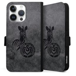 DeinDesign iPhone 14 Pro Max Handy Klapph&uuml;lle Handyh&uuml;lle aus Kunst Leder schwarz Flip Case Official Licensed Product Msv Duisburg Zebra Sideflip mit Lasche