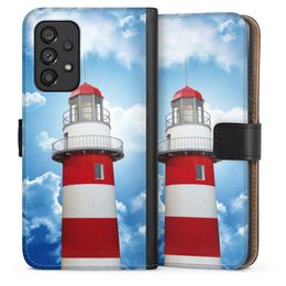 DeinDesign Galaxy A53 5G Handy Klapph&uuml;lle Handyh&uuml;lle aus Kunst Leder schwarz Flip Case Sky Lighthouse Cloud Sideflip mit langer Lasche