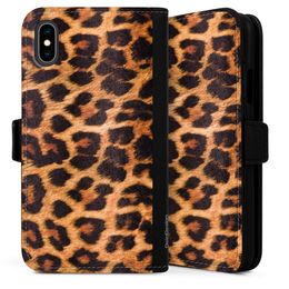 DeinDesign iPhone X Handy Klapph&uuml;lle Handyh&uuml;lle aus Kunst Leder schwarz Flip Case Animal Print Leopard Fur Sideflip mit langer Lasche