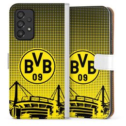 DeinDesign Galaxy A33 5G Handy Klapph&uuml;lle Handyh&uuml;lle aus Kunst Leder wei&szlig; Flip Case Bvb Stadium Borussia Dortmund Sideflip mit Lasche
