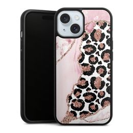 DeinDesign iPhone 15 Handy Gallery Case Handyh&uuml;lle 9H Geh&auml;rtetes Glas R&uuml;ckseite H&uuml;lle Leopard Glitzer Marble Gallery Case