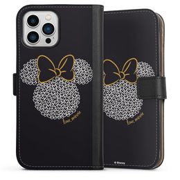 DeinDesign iPhone 13 Pro Max Handy Klapph&uuml;lle Handyh&uuml;lle aus Kunst Leder schwarz Flip Case Minnie Mouse Muster Disney Sideflip mit langer Lasche