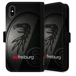 DeinDesign iPhone X Handy Klapph&uuml;lle Handyh&uuml;lle aus Kunst Leder schwarz Flip Case Official Licensed Product Sc Freiburg Metallic Look Sideflip mit langer Lasche