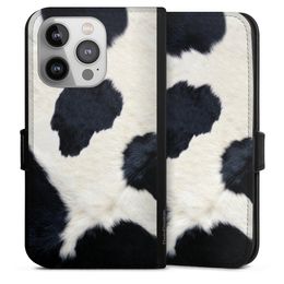 DeinDesign iPhone 14 Pro Handy Klapph&uuml;lle Handyh&uuml;lle aus Kunst Leder schwarz Flip Case Animal Look Animal Print Cow Skin Sideflip mit langer Lasche