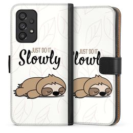 DeinDesign Galaxy A53 5G Handy Klapph&uuml;lle Handyh&uuml;lle aus Kunst Leder schwarz Flip Case Sloth Animals Lazy Sunday Sideflip mit langer Lasche