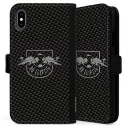 DeinDesign iPhone X Handy Klapph&uuml;lle Handyh&uuml;lle aus Kunst Leder schwarz Flip Case Rb Leipzig Carbon Metallic Look Sideflip mit langer Lasche