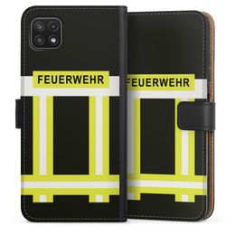 DeinDesign Galaxy A22 5G Handy Klapph&uuml;lle Handyh&uuml;lle aus Kunst Leder schwarz Flip Case Fire Fighter Fire Fighters Job Sideflip mit langer Lasche