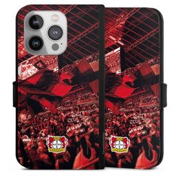 DeinDesign iPhone 14 Pro Handy Klapph&uuml;lle Handyh&uuml;lle aus Kunst Leder schwarz Flip Case Merchandise Official Licensed Product Bayer 04 Leverkusen Sideflip mit 