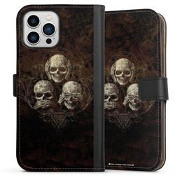 DeinDesign iPhone 13 Pro Max Handy Klapph&uuml;lle Handyh&uuml;lle aus Kunst Leder schwarz Flip Case Gothic Art Skulls Sideflip mit langer Lasche