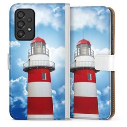 DeinDesign Galaxy A33 5G Handy Klapph&uuml;lle Handyh&uuml;lle aus Kunst Leder wei&szlig; Flip Case Sky Lighthouse Cloud Sideflip mit Lasche