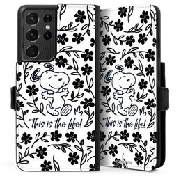 DeinDesign Galaxy S21 Ultra 5G Handy Klapph&uuml;lle Handyh&uuml;lle aus Kunst Leder schwarz Flip Case Peanuts Flowers Snoopy Sideflip mit Lasche