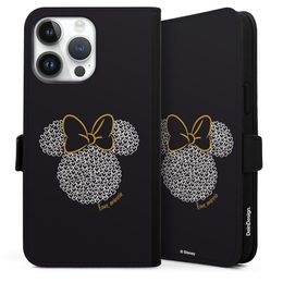 DeinDesign iPhone 14 Pro Max Handy Klapph&uuml;lle Handyh&uuml;lle aus Kunst Leder schwarz Flip Case Minnie Mouse Muster Disney Sideflip mit Lasche