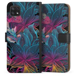 DeinDesign Galaxy A22 5G Handy Klapph&uuml;lle Handyh&uuml;lle aus Kunst Leder schwarz Flip Case Colourful Neon Flowers Sideflip mit langer Lasche