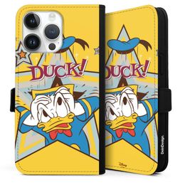 DeinDesign iPhone 14 Pro Max Handy Klapph&uuml;lle Handyh&uuml;lle aus Kunst Leder schwarz Flip Case Donald Duck Disney Official Licensed Product Sideflip mit Lasche