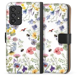DeinDesign Galaxy A53 5G Handy Klapph&uuml;lle Handyh&uuml;lle aus Kunst Leder schwarz Flip Case Muster Flowers Bee Sideflip mit langer Lasche