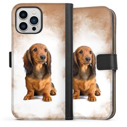 DeinDesign iPhone 13 Pro Max Handy Klapph&uuml;lle Handyh&uuml;lle aus Kunst Leder schwarz Flip Case Pet Dachshund Dog Sideflip mit langer Lasche