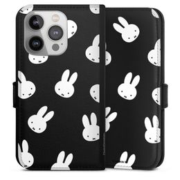 DeinDesign iPhone 14 Pro Handy Klapph&uuml;lle Handyh&uuml;lle aus Kunst Leder schwarz Flip Case Muster Miffy Transparent Sideflip mit langer Lasche