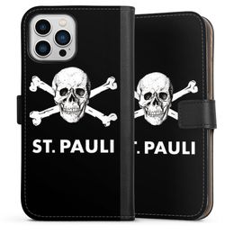 DeinDesign iPhone 13 Pro Max Handy Klapph&uuml;lle Handyh&uuml;lle aus Kunst Leder schwarz Flip Case Totenkopf Fc St. Pauli Official Licensed Product Sideflip mit langer 
