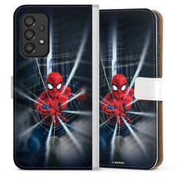 DeinDesign Galaxy A33 5G Handy Klapph&uuml;lle Handyh&uuml;lle aus Kunst Leder wei&szlig; Flip Case Spiderman Marvel Kinofilm Sideflip mit Lasche