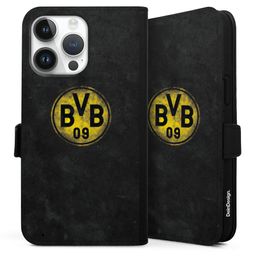 DeinDesign iPhone 14 Pro Max Handy Klapph&uuml;lle Handyh&uuml;lle aus Kunst Leder schwarz Flip Case Bvb Borussia Dortmund Merchandise Sideflip mit Lasche