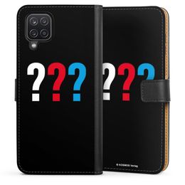 DeinDesign Galaxy A12 Handy Klapph&uuml;lle Handyh&uuml;lle aus Kunst Leder schwarz Flip Case Official Licensed Product Die Drei ??? Logo Sideflip mit langer Lasche