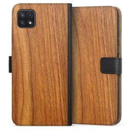 DeinDesign Galaxy A22 5G Handy Klapph&uuml;lle Handyh&uuml;lle aus Kunst Leder schwarz Flip Case Larch Wooden Look Wood Sideflip mit langer Lasche