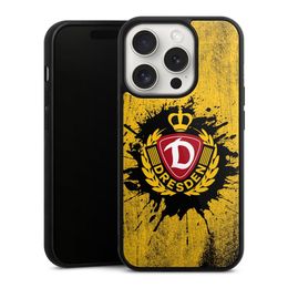 DeinDesign iPhone 15 Pro Handy Gallery Case Handyh&uuml;lle 9H Geh&auml;rtetes Glas R&uuml;ckseite H&uuml;lle Official Licensed Product Soccer Sg Dynamo Dresden Gallery Case