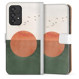 DeinDesign Galaxy A33 5G Handy Klapph&uuml;lle Handyh&uuml;lle aus Kunst Leder wei&szlig; Flip Case Sunset Bird Sunshine Sideflip mit Lasche