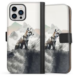 DeinDesign iPhone 13 Pro Max Handy Klapph&uuml;lle Handyh&uuml;lle aus Kunst Leder schwarz Flip Case Nature Mountain Fox Sideflip mit langer Lasche