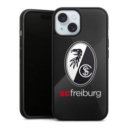 DeinDesign iPhone 15 Handy Gallery Case Handyh&uuml;lle 9H Geh&auml;rtetes Glas R&uuml;ckseite H&uuml;lle Sc Freiburg Lettering Logo Gallery Case