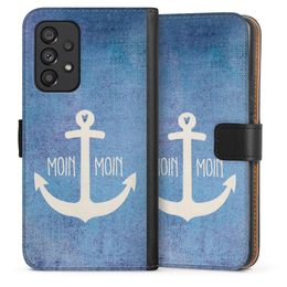 DeinDesign Galaxy A53 5G Handy Klapph&uuml;lle Handyh&uuml;lle aus Kunst Leder schwarz Flip Case Anchor Maritim Blue Sideflip mit langer Lasche